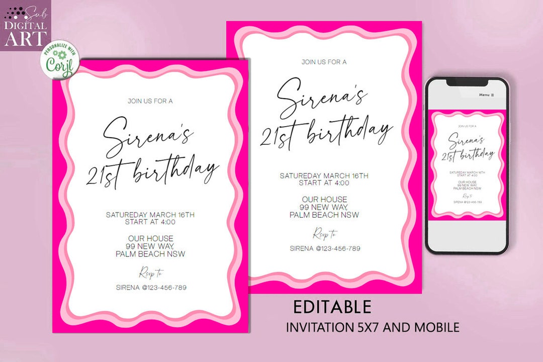 Editable Ladies 21st Birthday Invitation, Pink Birthday Dinner Invites ...