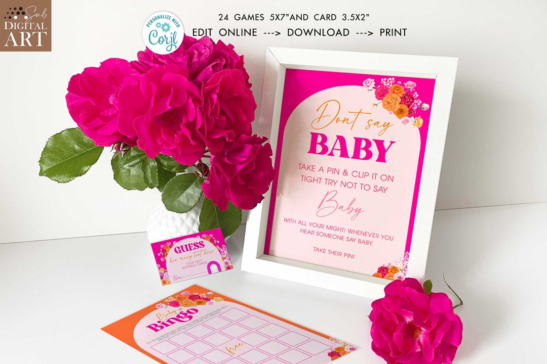 Hot Pink Orange Baby Shower Games Bundle Printable Boho Fuchsia Floral ...
