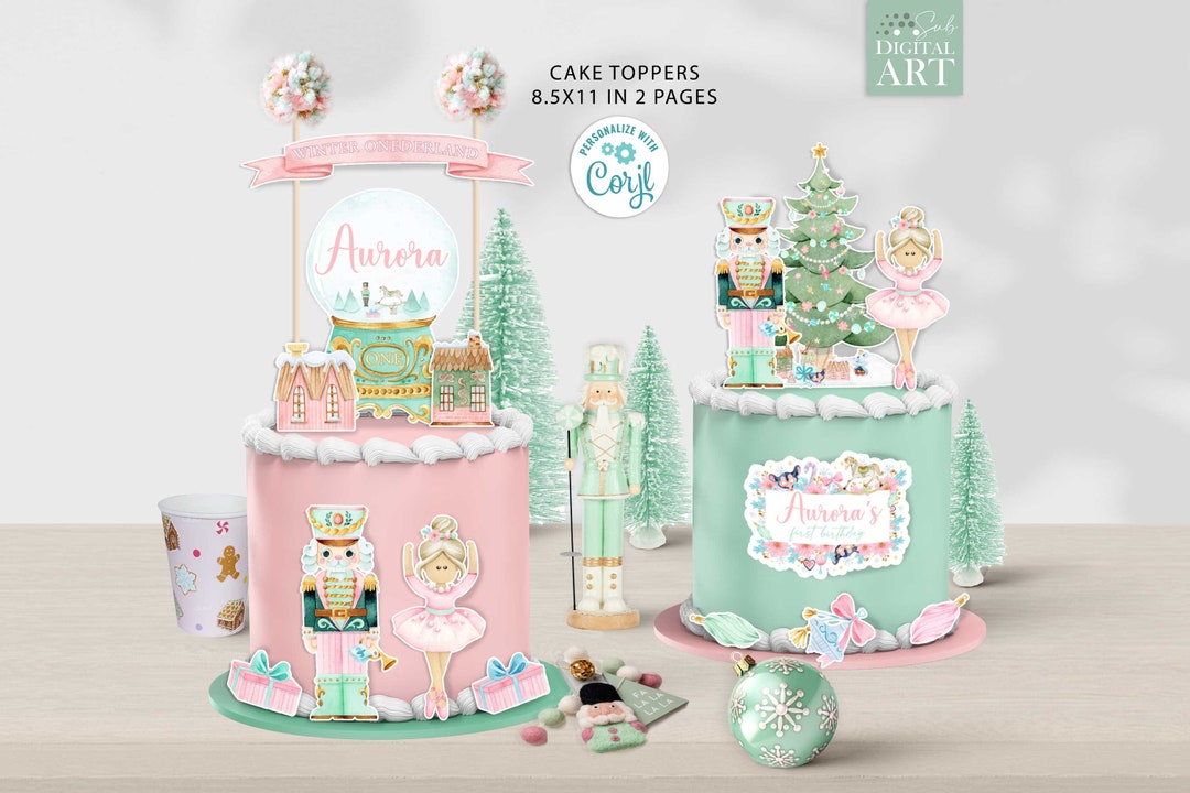 Personalized Nutcracker Cake Topper Printable Kids Birthday Decorations Mint and Pink Christmas ...