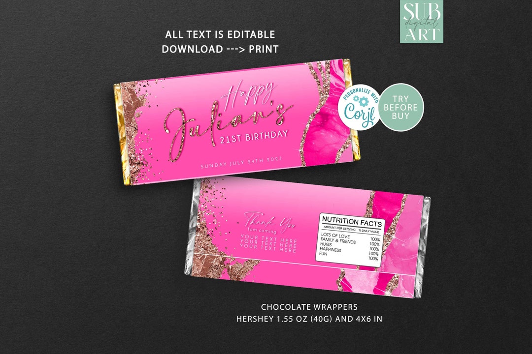 Hot Pink and Rose Gold Candy Bar Wrappers, Birthday Party Decoration ...