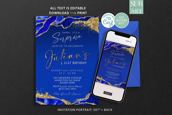 Invitaciones De Boda Diy Azul Real Plantillas De Paquete De