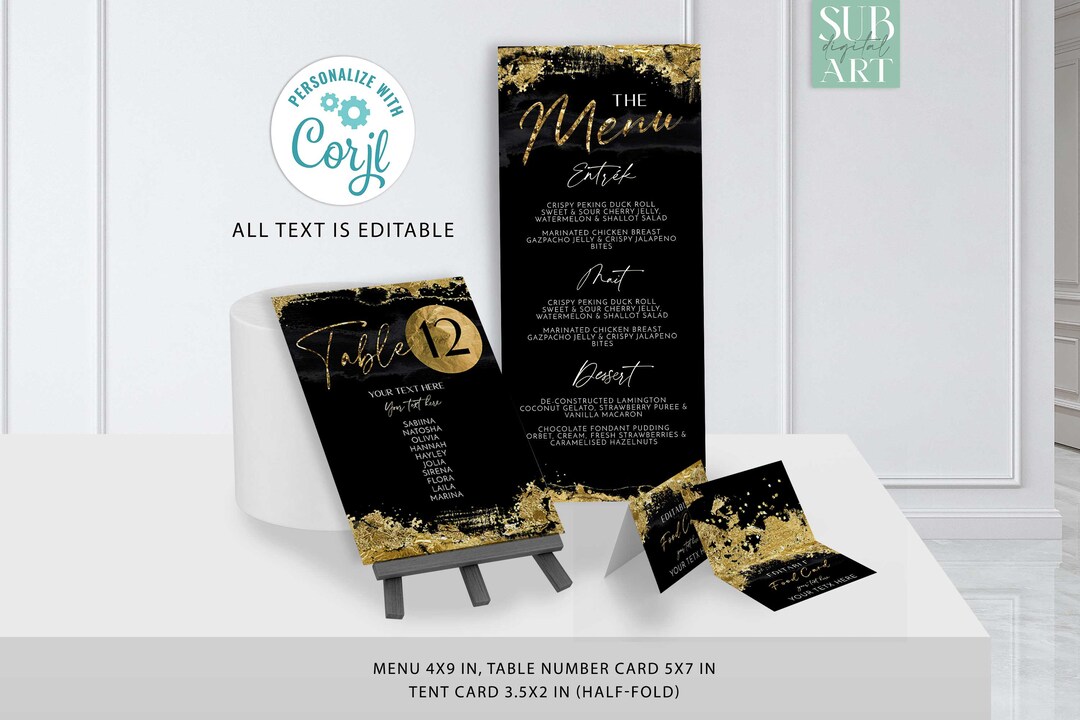 Black and Gold Foil Menu, Table Sign, Birthday Party Decoration, DIY ...