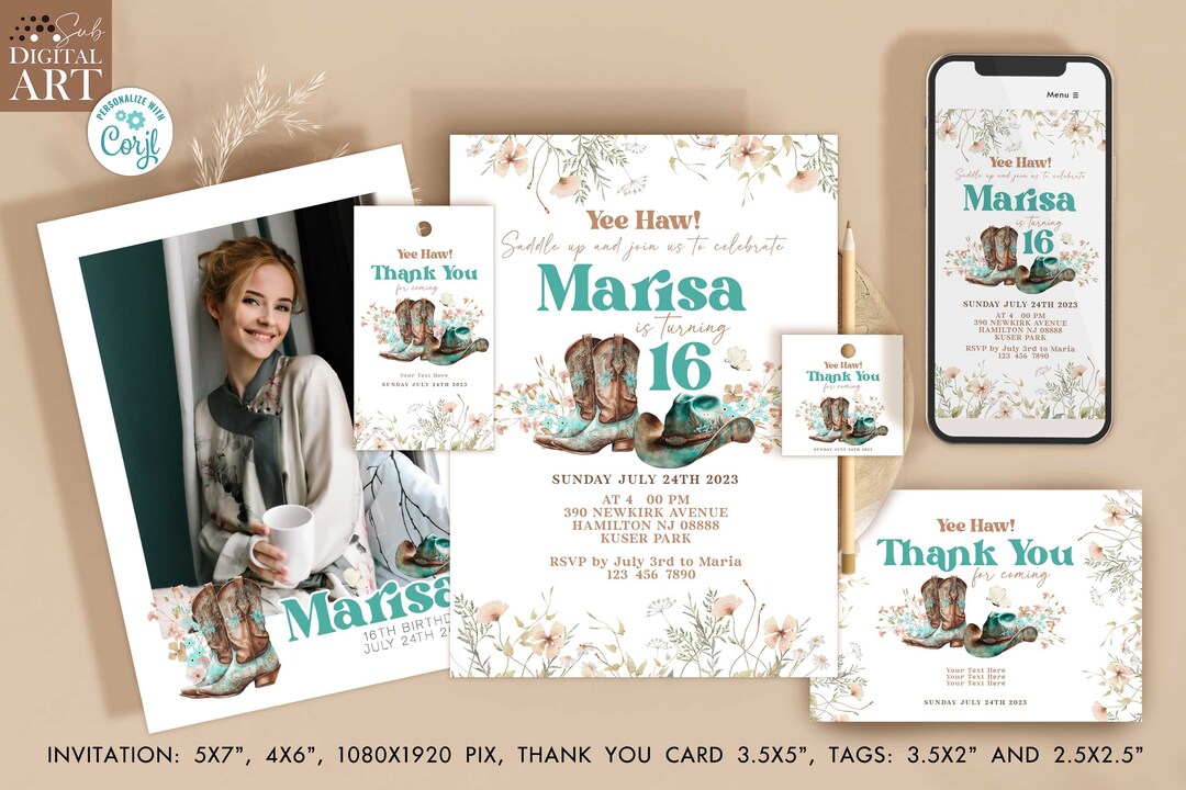 Editable Cowgirl Birthday Invitation Turquoise Rodeo Party Invites and ...