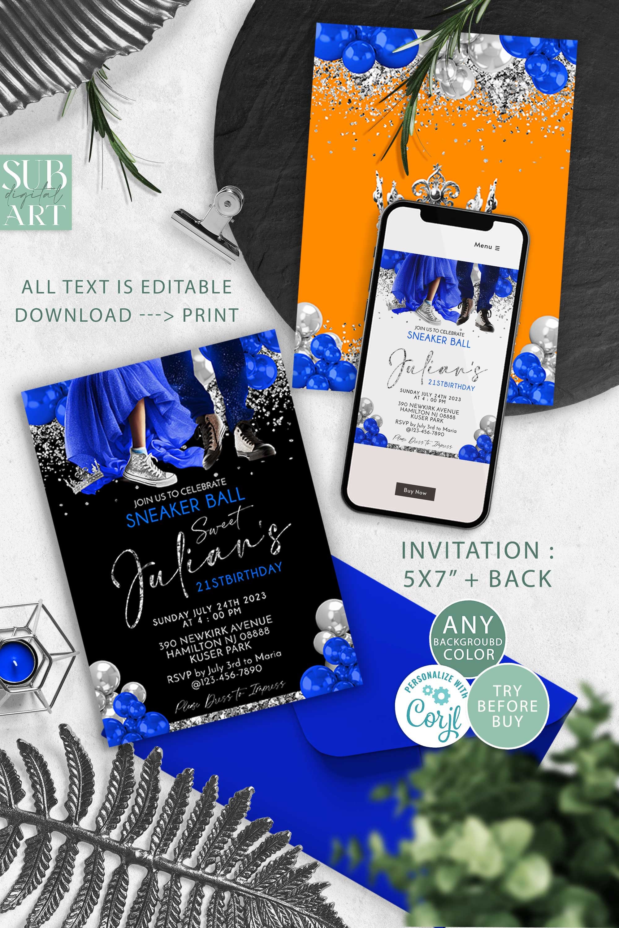 Blue Sneaker Ball Invitation Silver and Any Background Birthday Party ...