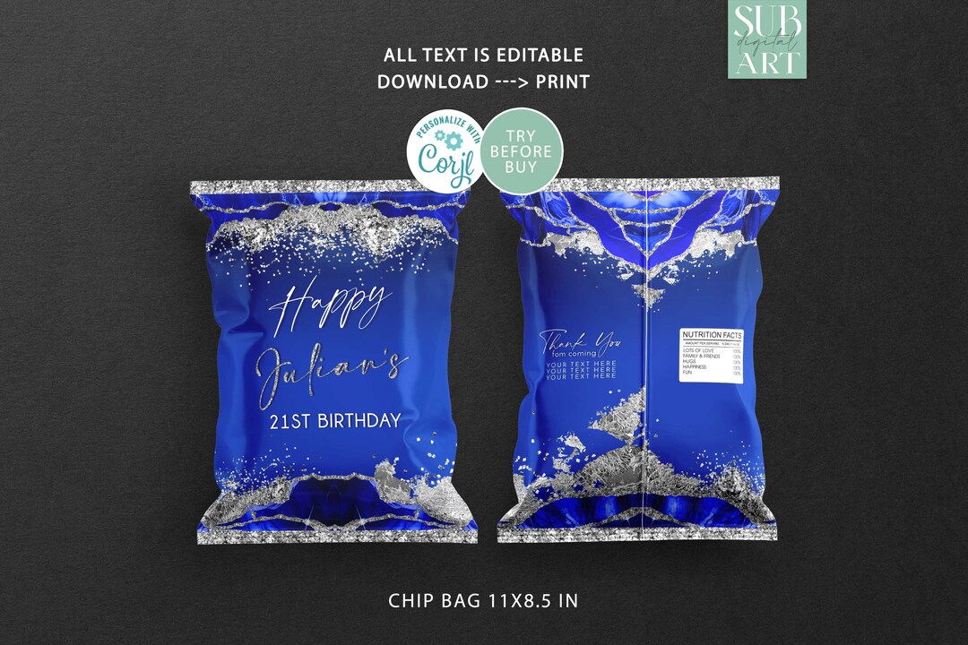 Royal Blue and Silver Glitter Chip Bag, Birthday Party Decoration, DIY ...