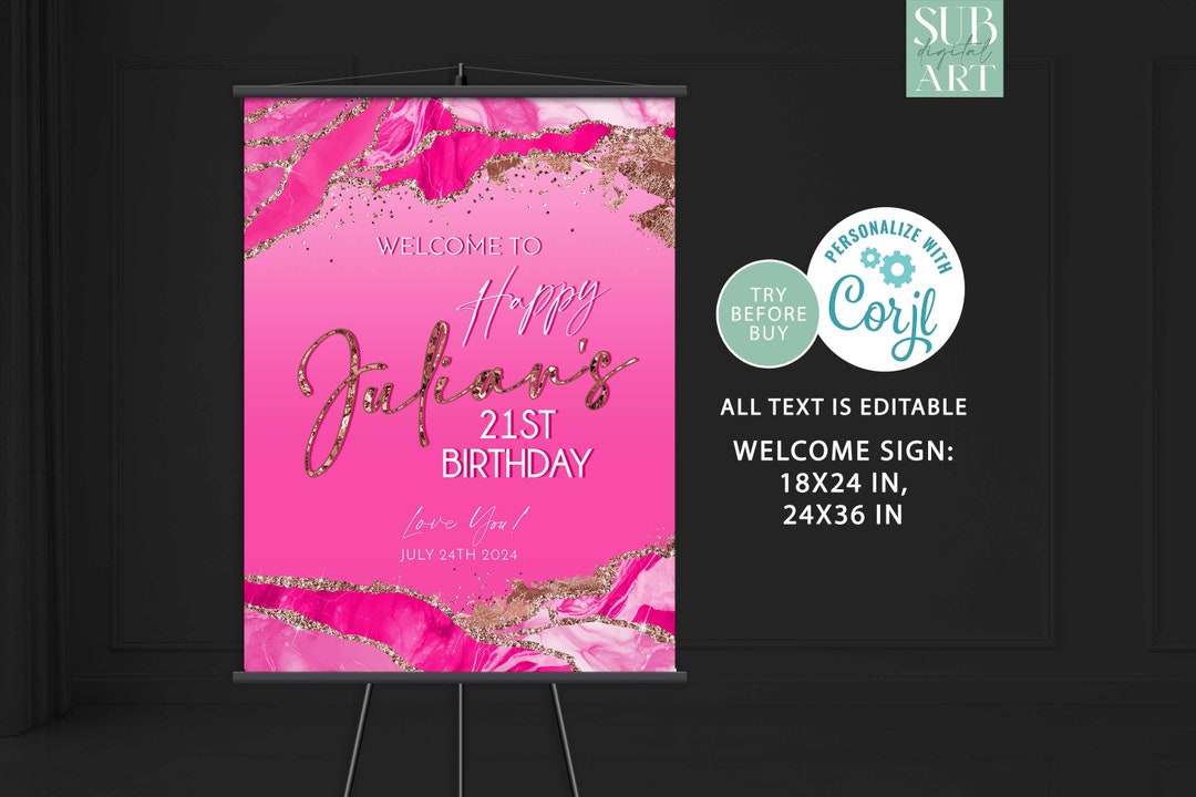 Hot Pink and Rose Gold Welcome Sign Birthday Party Decoration, DIY ...