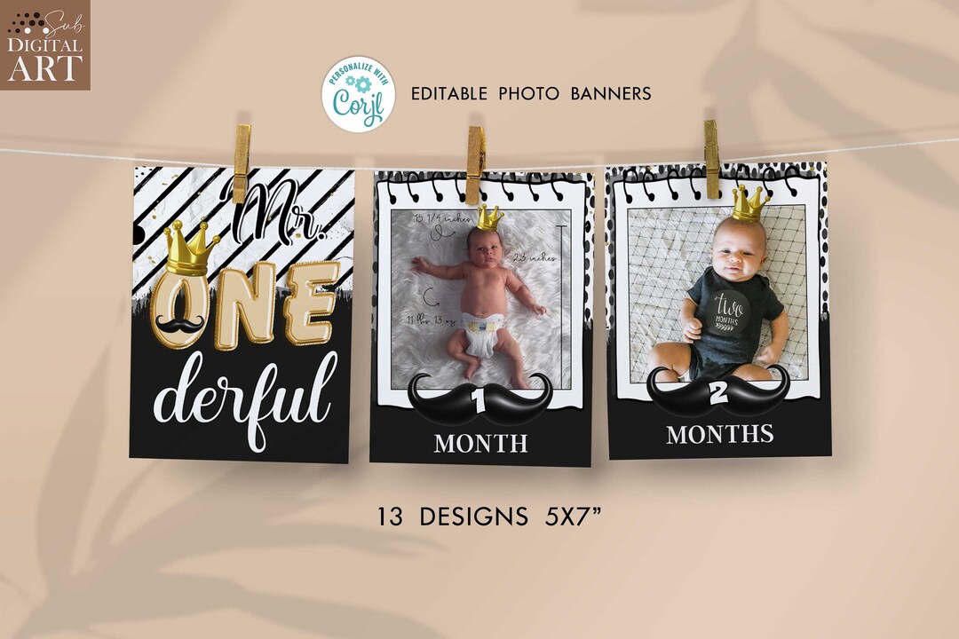 Mr Onederful Photo Banners Editable Templates 1st Birthday Boy 1-12 ...