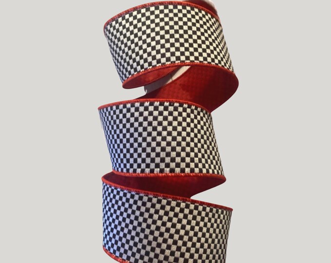 Farrisilk Ribbon Mini Checker Black and White With Red Back, 2.5 Inches ...