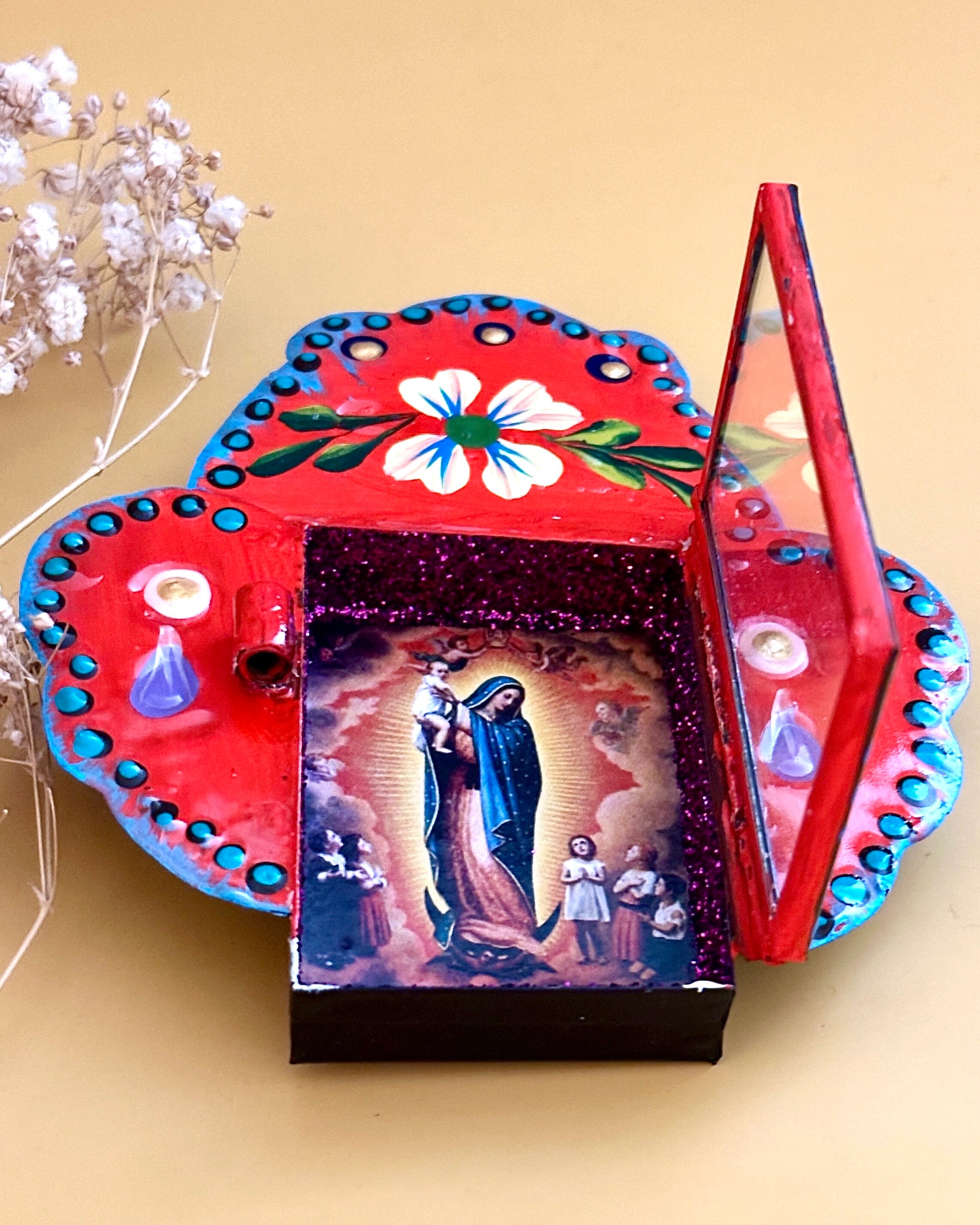 Mexican Tin Nicho With Virgin of Mary Image Painted Tin Nicho Painted ...