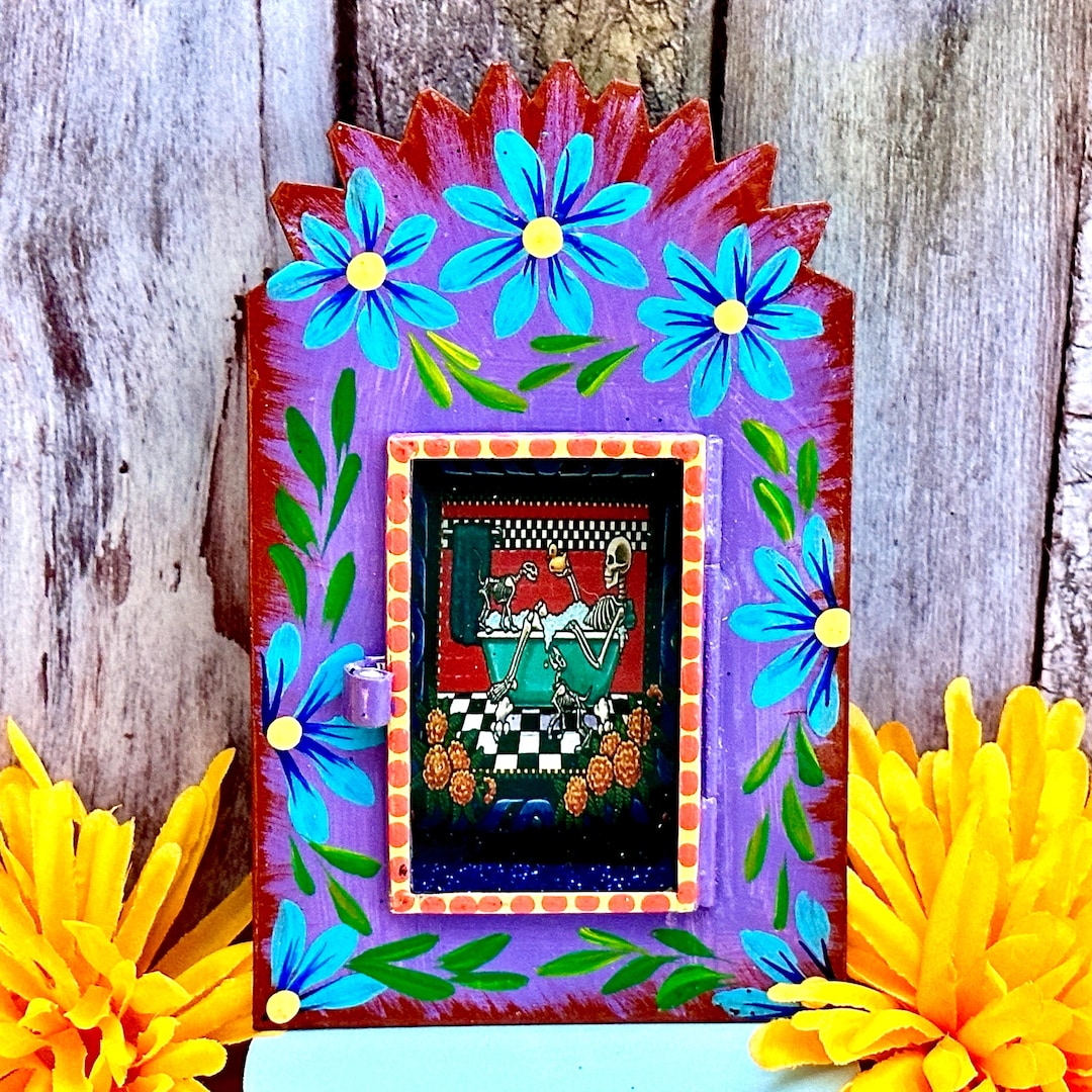 Mexican Tin Nicho Day of the Dead Image Skeleton Painted Tin Nicho ...