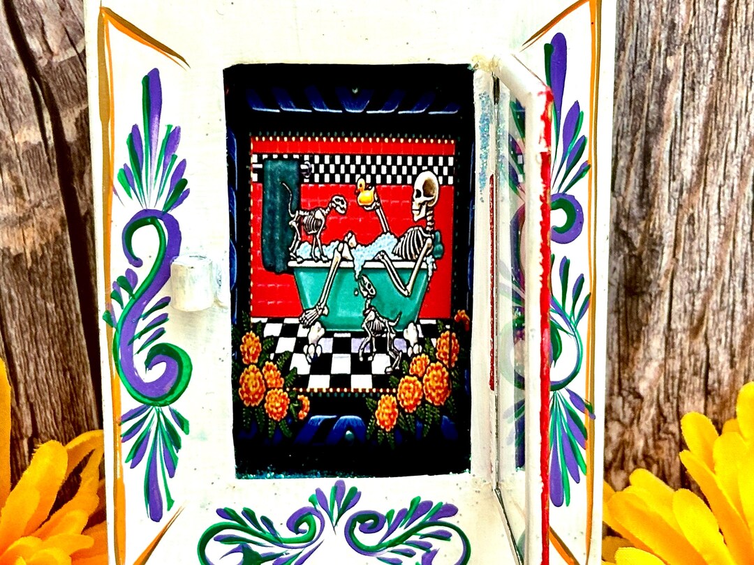 Hand Painted Tin Nicho Day of the Dead Mexican Shadow Box Dia De Los ...