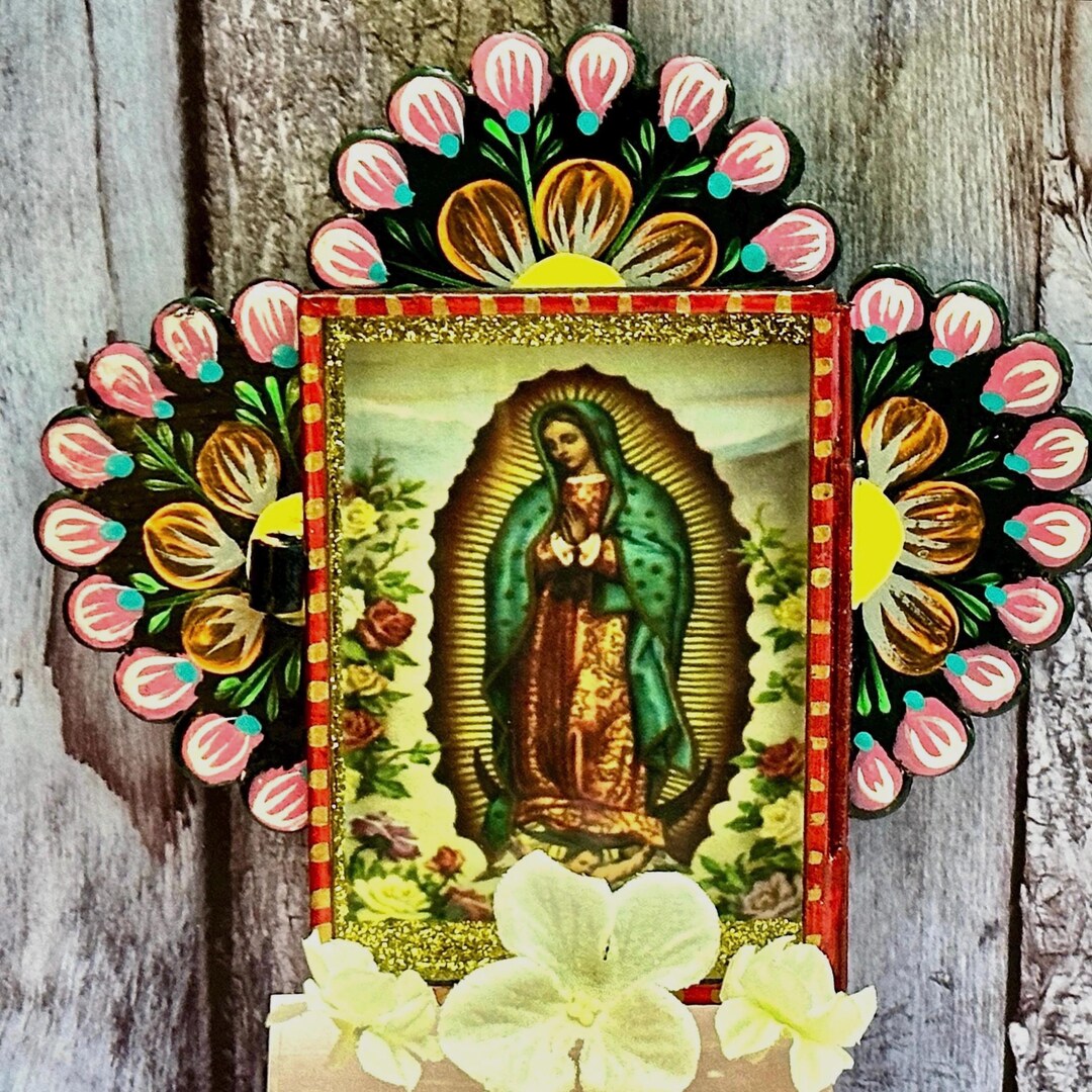 Mexican Tin Nicho Virgen De Guadalupe Hand Painted Mexican Shadow Box ...