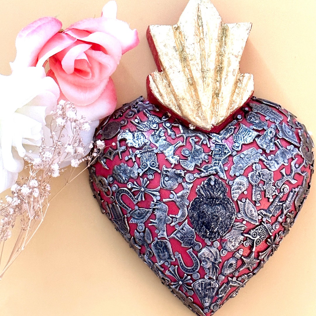 Milagros Sacred Heart, Flaming Wooden Heart, Mexican Sacred Heart With ...
