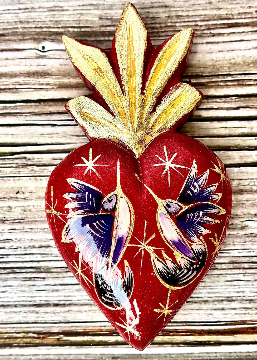 Mexican Wooden Sacred Heart Hand Painted and Lacquered Heart Mexican ...