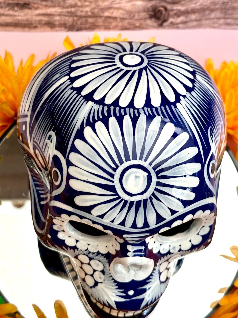 Blue Ceramic Sugar Skull Hand Painted, Day of the Dead Skull Dia De Los ...