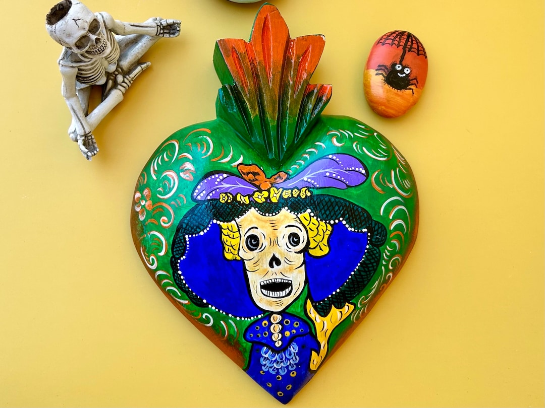 Sacred Heart, Day of the Dead Wooden Heart, Dia De Los Muertos Wood ...