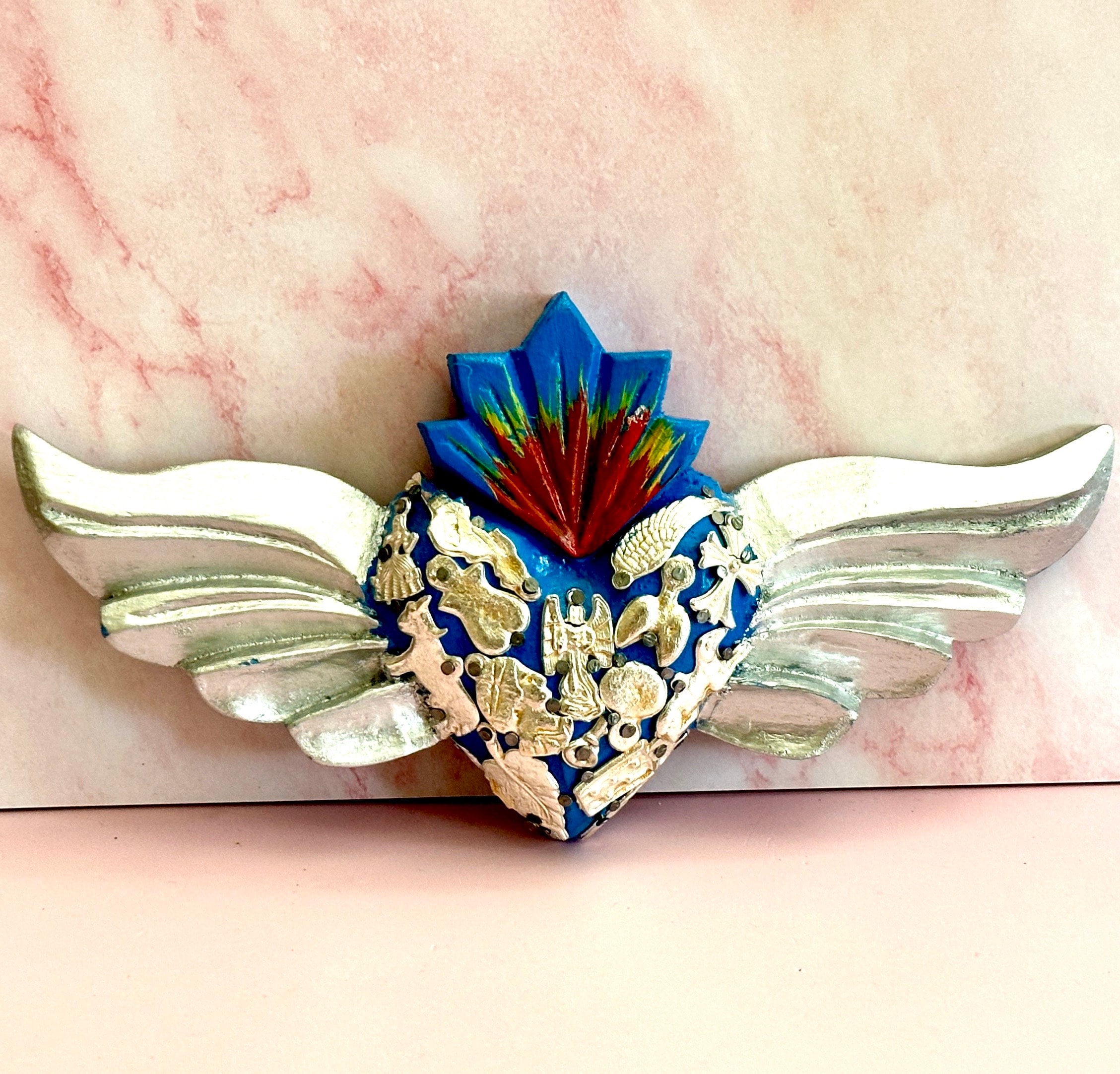 Mexican Sacred Heart With Wings, Milagros Wooden Heart, Hand Carved ...