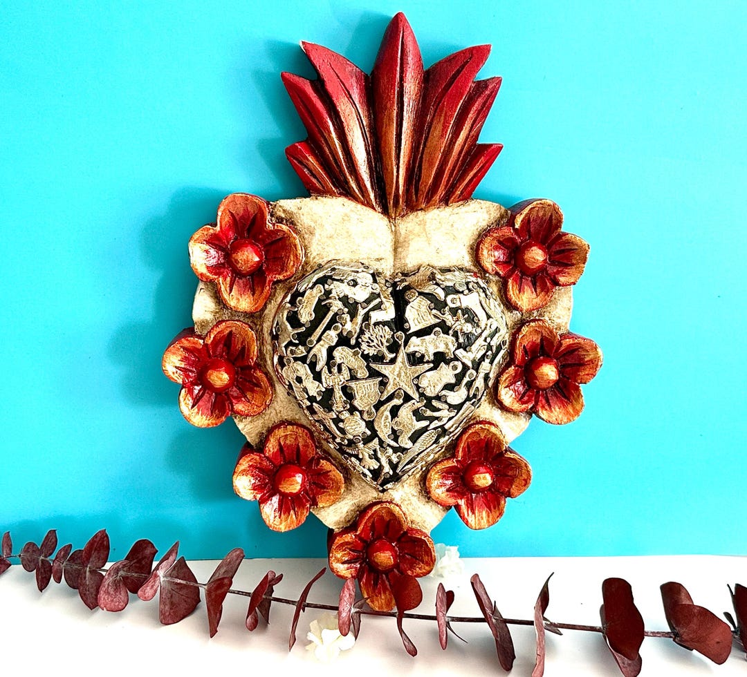 Large Milagros Sacred Heart, Mexican Wooden Heart With Hand Carved ...