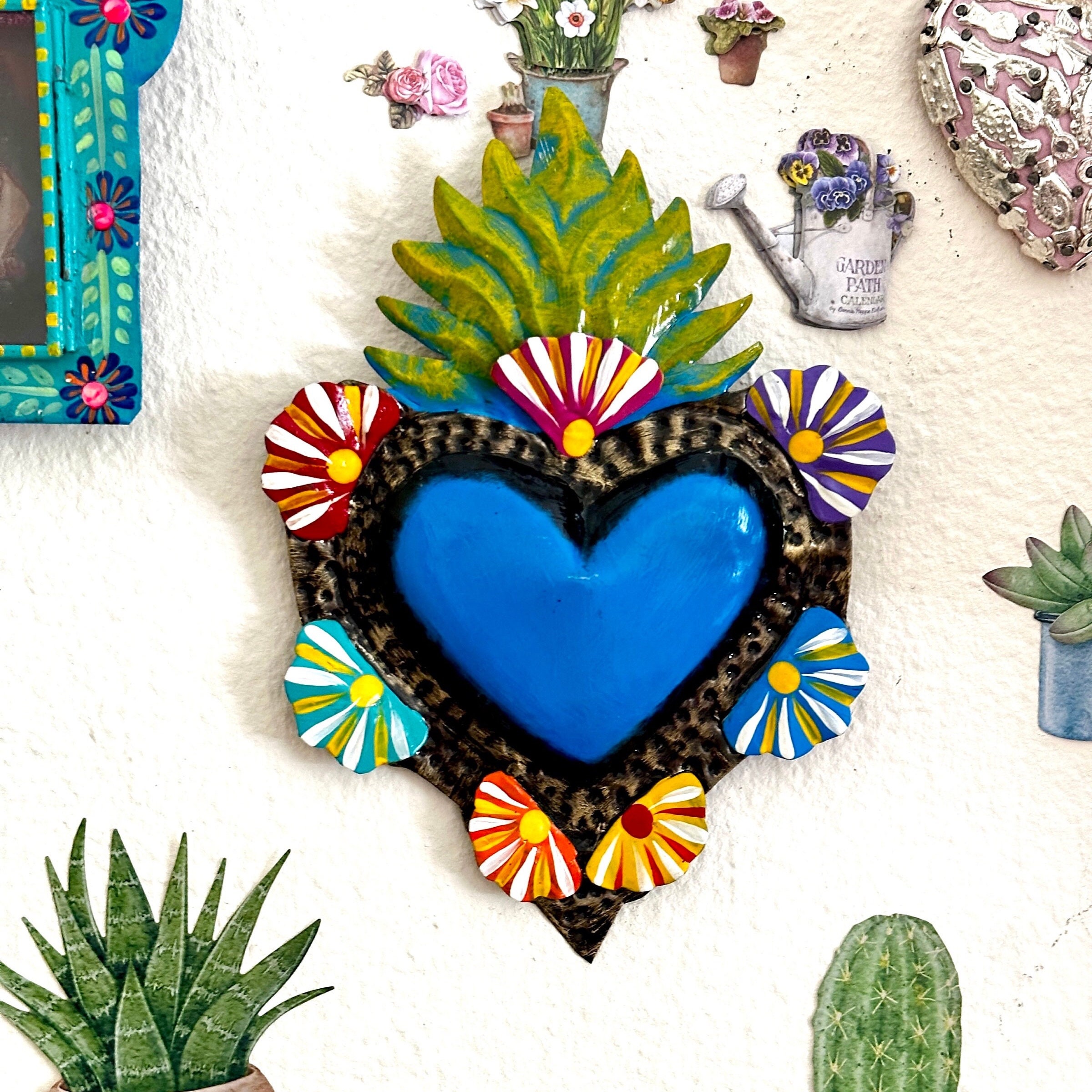 Mexican Punched Tin Sacred Heart Flaming Sacred Heart, Hand Painted ...