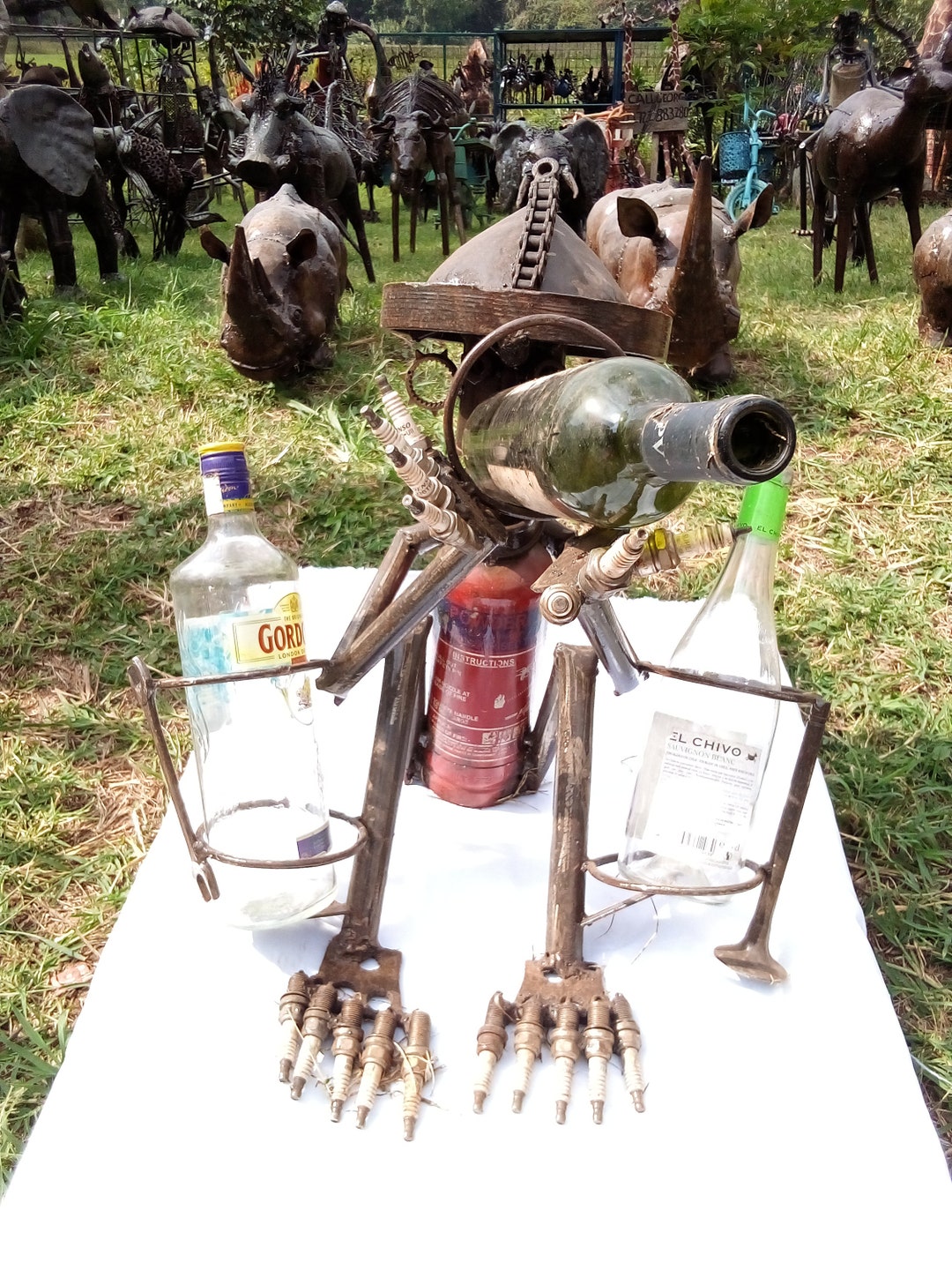 African Scrap Art Wine Holder | Green Art | Drunk Man | Metal Bottle ...