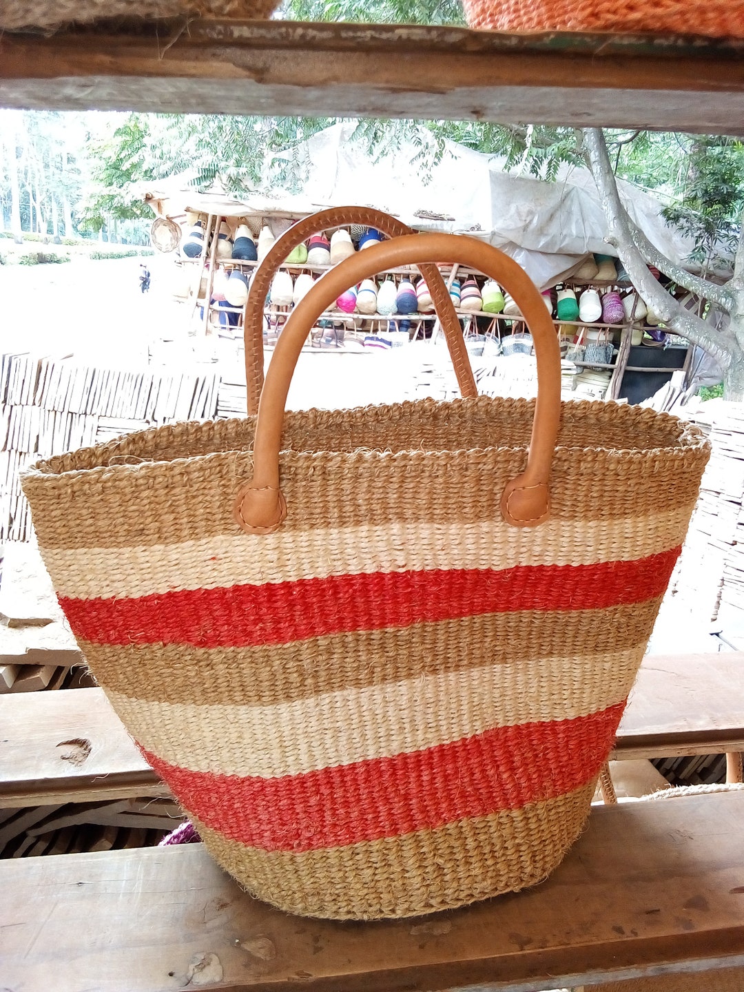 African Sisal Kiondo Hand Bag Red White Brown Beach Bag Handmade ...