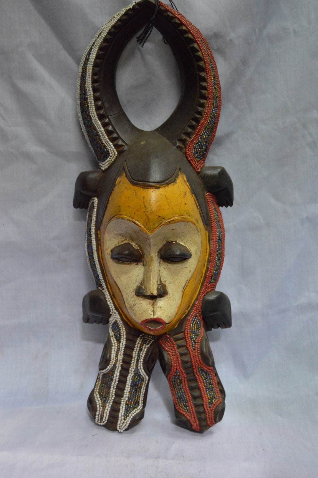 African Mamba Beaded Mask Antique Cameroon Wood Vintage African Wall ...