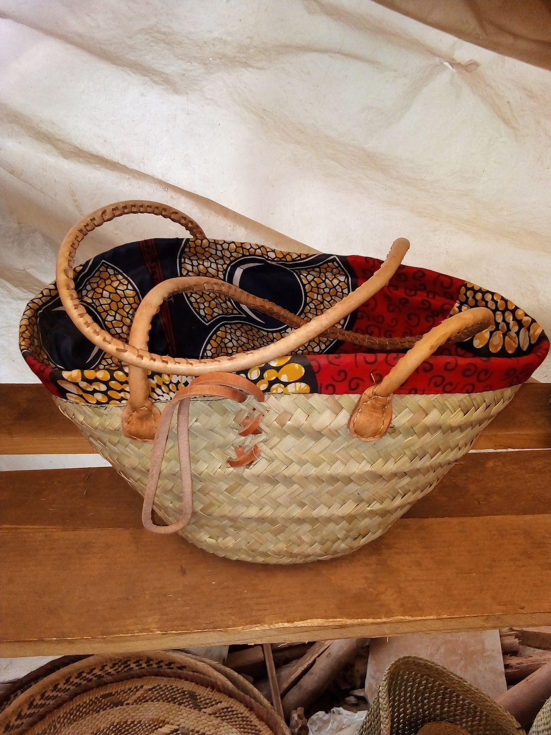 African Papyrus Reed Basket Red Picnic Basket Beach Bag Hand ...