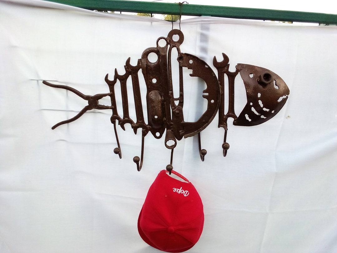 African Scrap Art Fish Sculpture Cloak/hat Hooks | Green Art | Metal ...