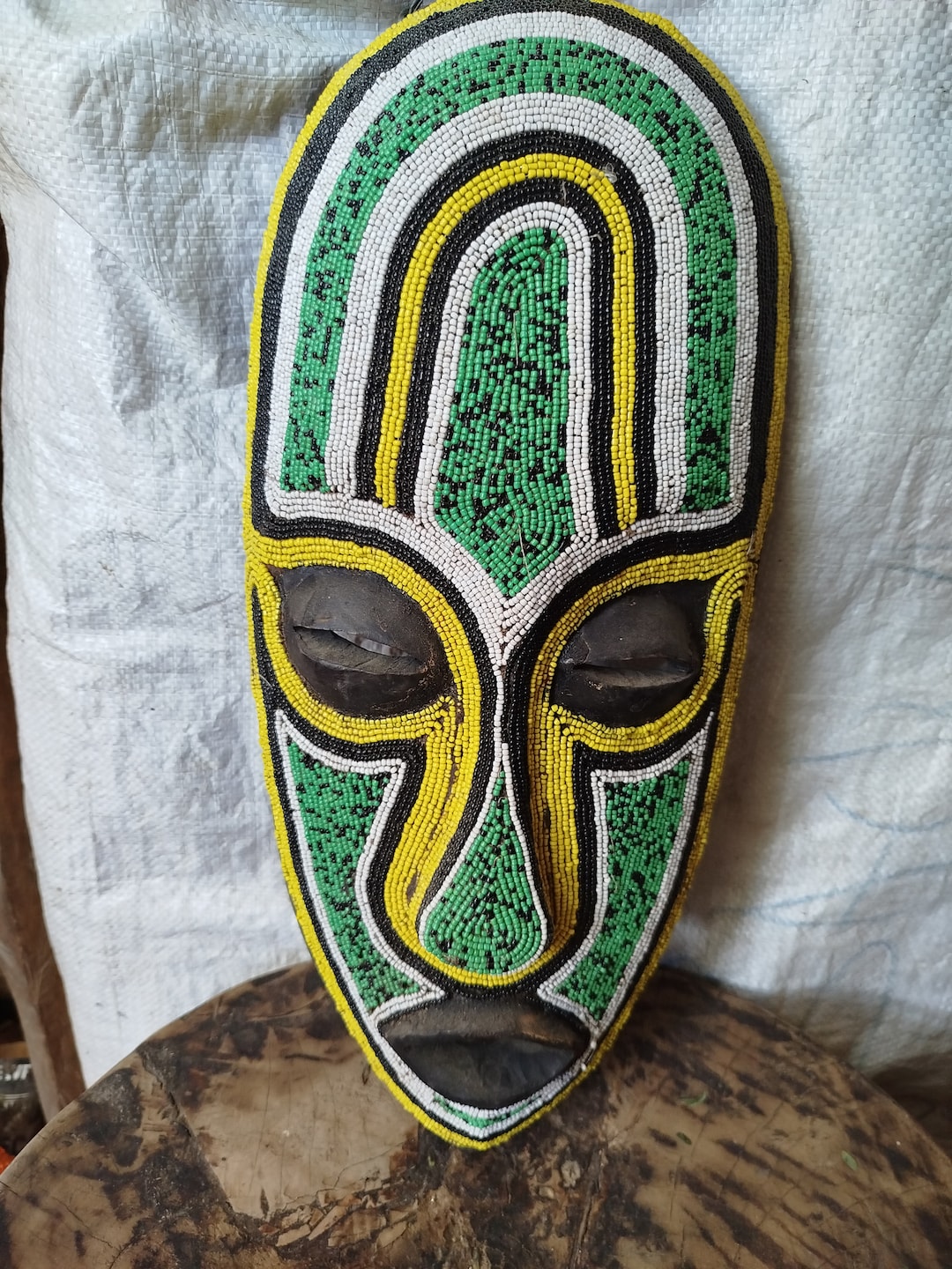 On Sale Vibrant Green and Yellow African Beaded Mask: Unveiling ...
