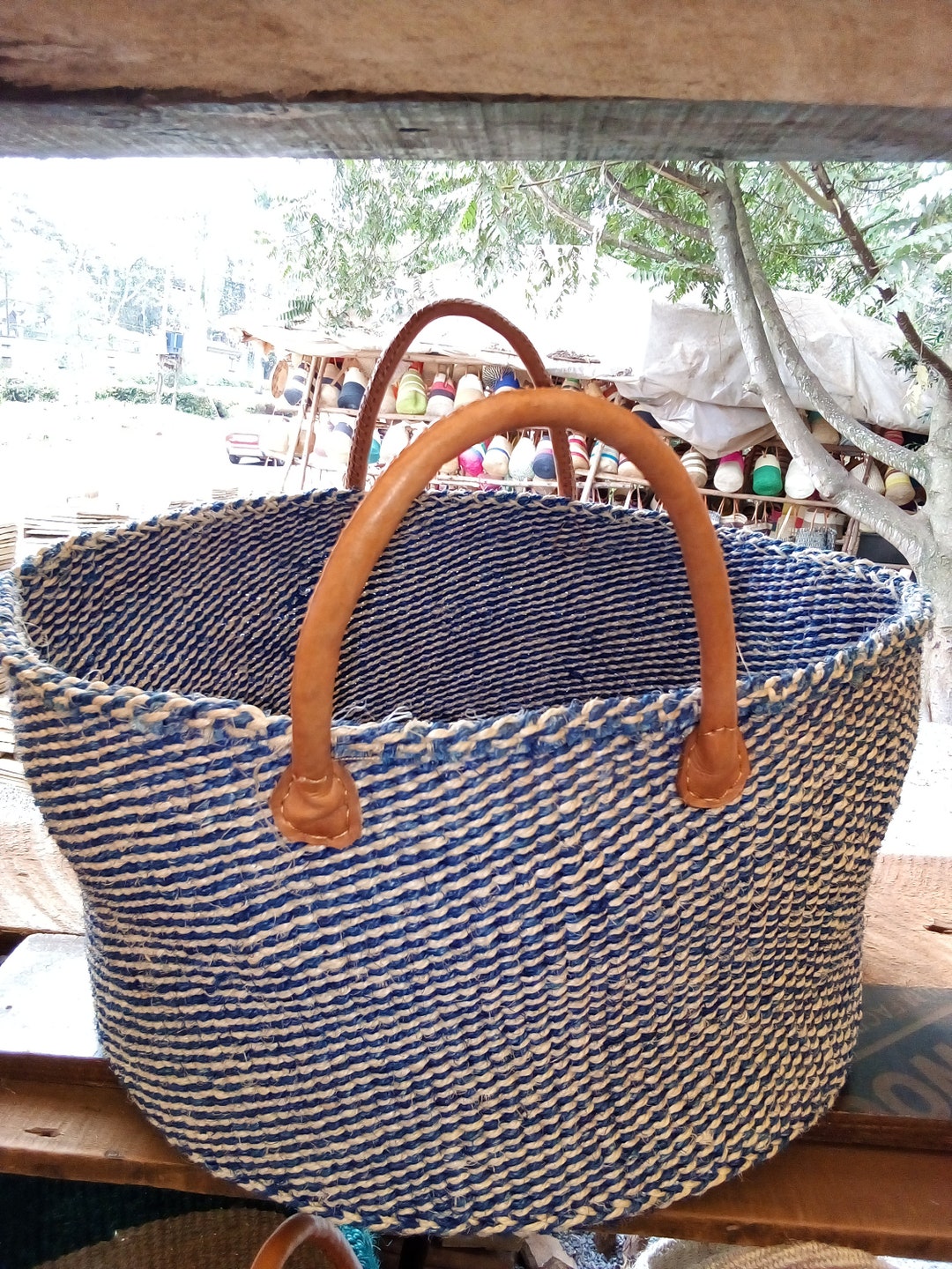African Sisal Kiondo Hand Bag Blue White Beach Bag Handmade Valentines ...