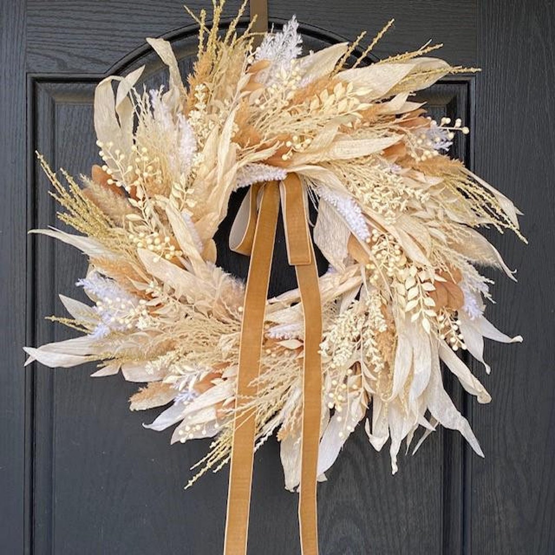Cream Fall Wreath for Front Door, Cornhusk Wreath With Cream Berries ...