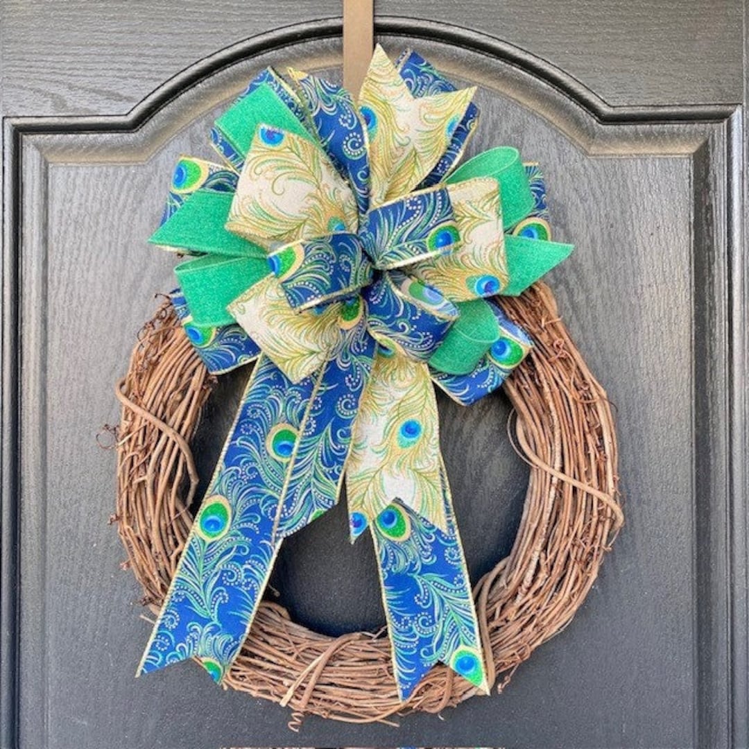Large Blue Bow for Wreath, Green Wreath Bow, Peacock Themed Bow, Large ...