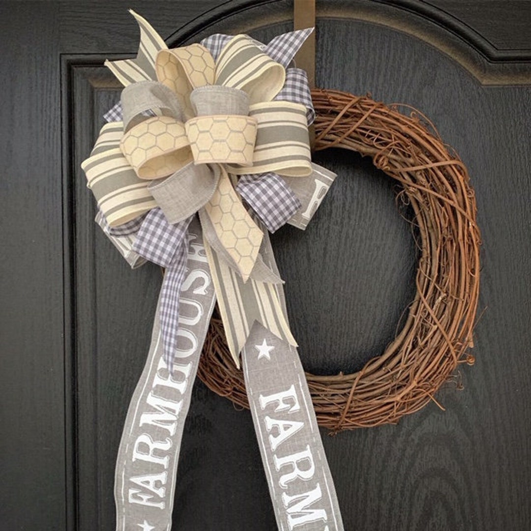 Large Gray Bow for Wreath, Gingham Wreath Bow, Farmhouse Themed Bow ...