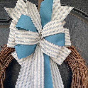 Blue Stripped Bow for Wreath, Large Blue Bow for Spring Wreath, Blue ...