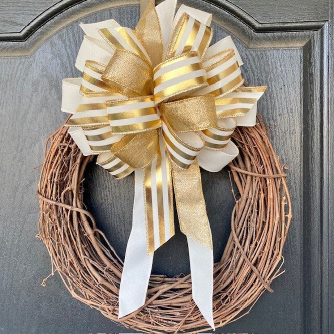 Gold and Cream Stripped Bow for Wreath, Large Gold Wreath Bow, Year ...
