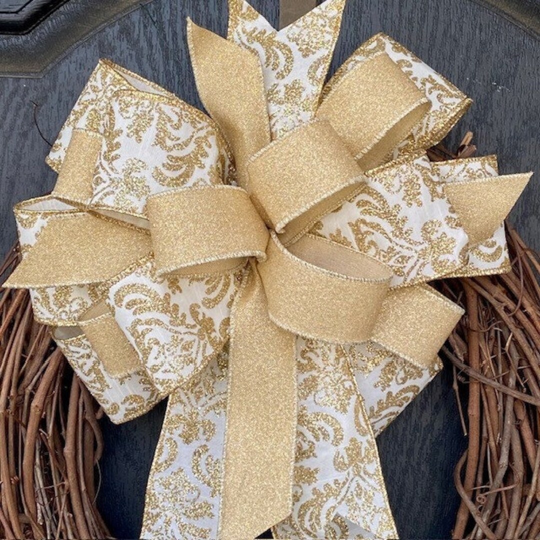 Gold and White Bow for Wreath, Large Gold Wreath Bow, Year Round Gift ...