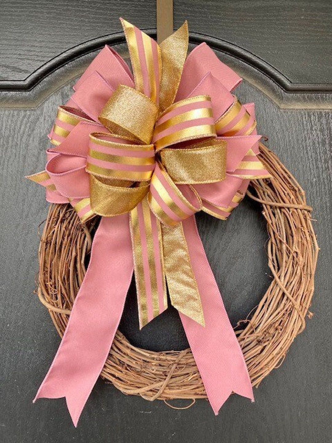 Gold and Blush Pink Stripped Bow for Wreath, Large Rose Pink Wreath Bow ...