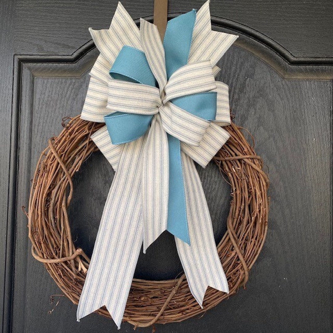 Blue Stripped Bow for Wreath, Large Blue Bow for Spring Wreath, Blue ...