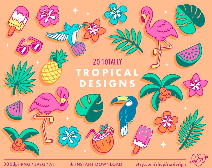 Tropical Clip Art - Watercolor Summer Clipart Set, Vector Clipart ...