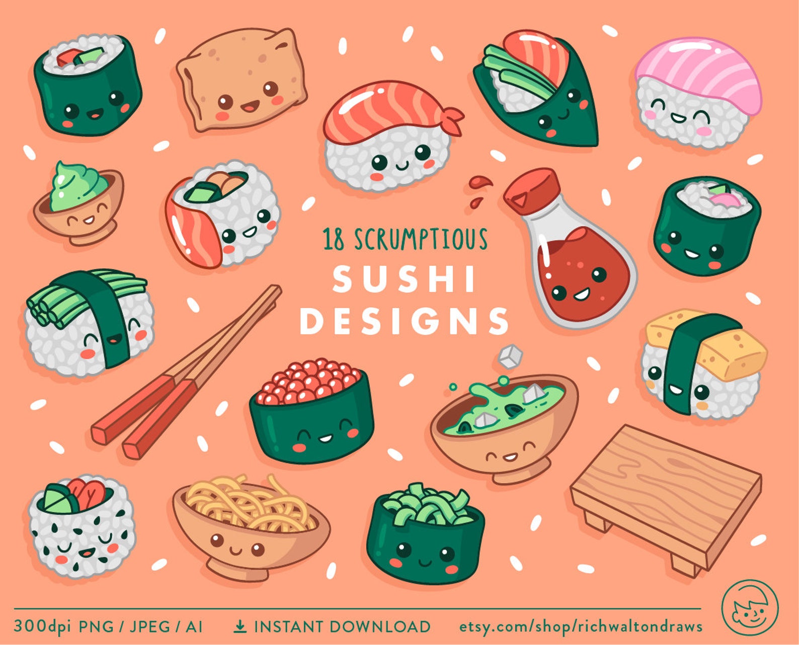 Sushi Clip Art, Kawaii Clipart, Cute Clipart, Sushi Illustration ...
