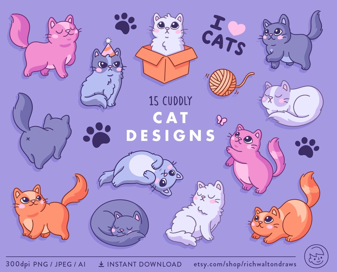 Cat Clip Art, Kitten Clipart, Cute Clipart, Cat Illustration, Kitten ...