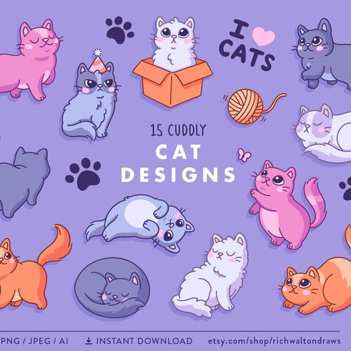 Cat Clip Art Kitten Clipart Cute Clipart Cat Illustration - Etsy