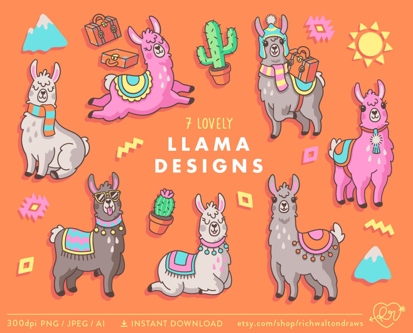 Llama Clip Art, Alpaca Clipart, Cute Clipart, Llama Illustration ...