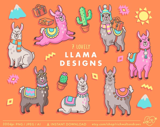 Llama Clipart Set, Hand Drawn Clip Art Illustrations of Llamas - Free ...