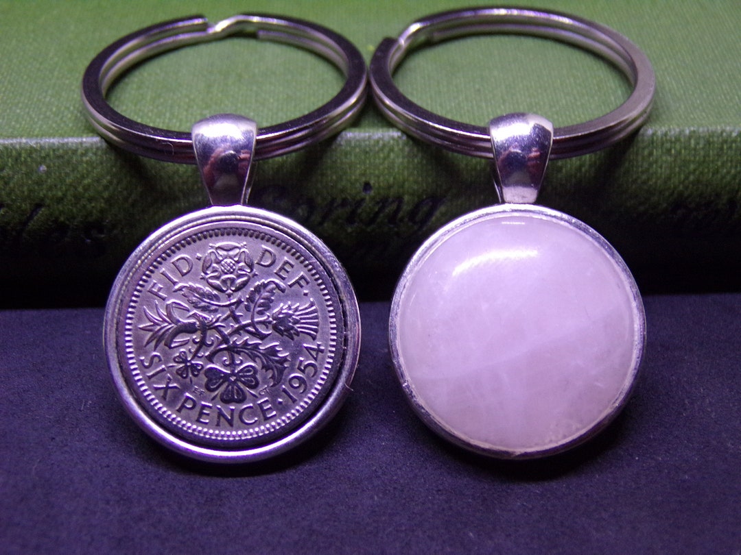 1954 British Coin Keyring Keychain Lucky Sixpence & Natural Rose Quartz ...