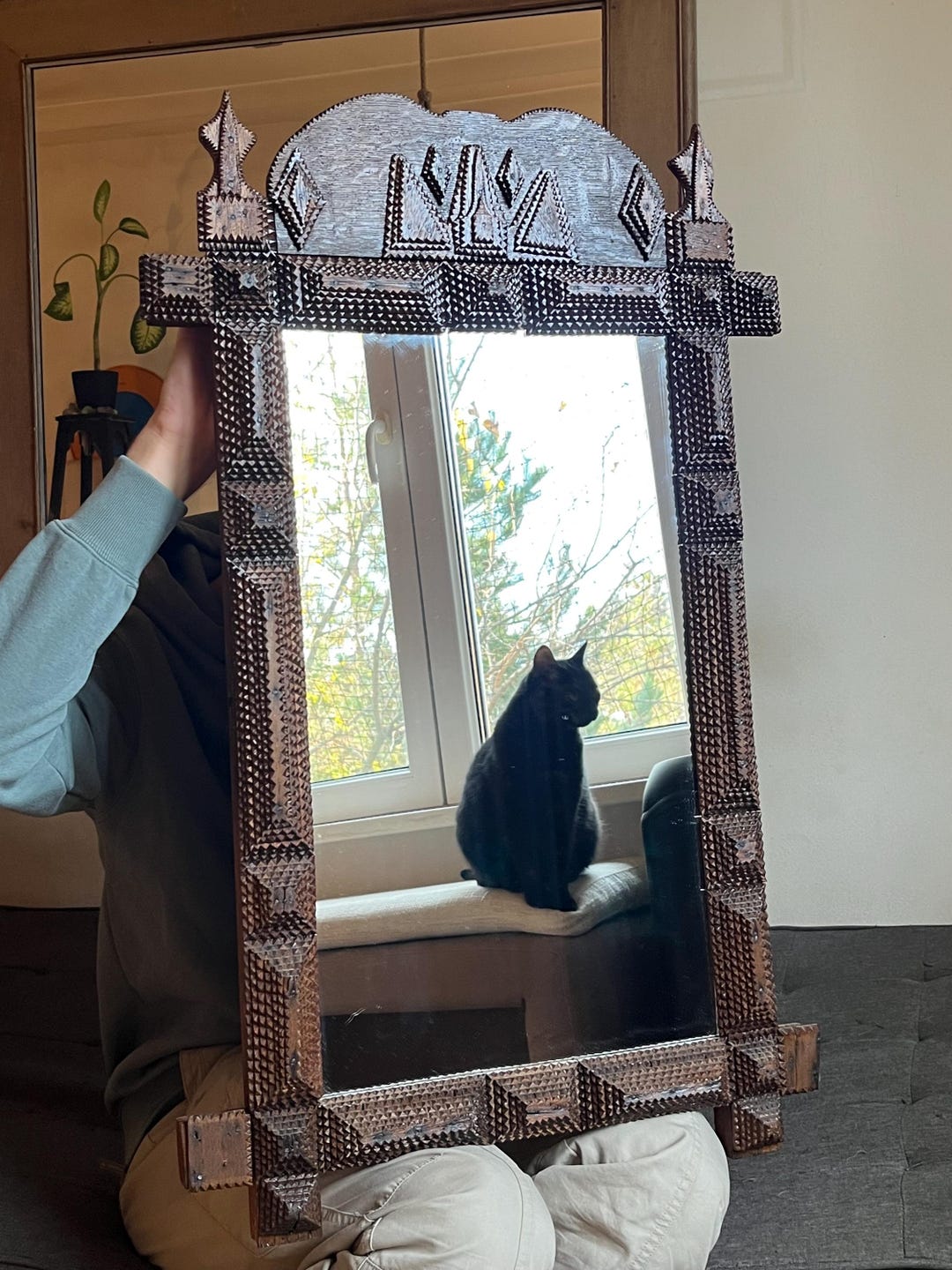 LARGE Tramp Art Mirror / Tramp Art Antique Frame / Tramp Art Style ...