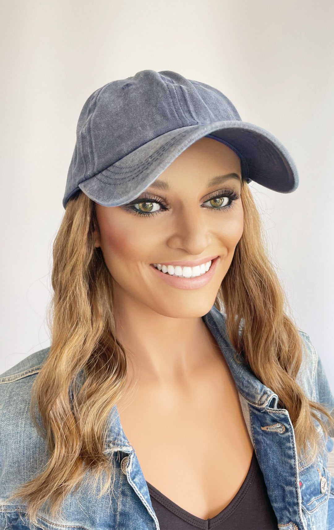 Washed Navy Baseball Cap With Long Beach Wave Hair Attached - Etsy