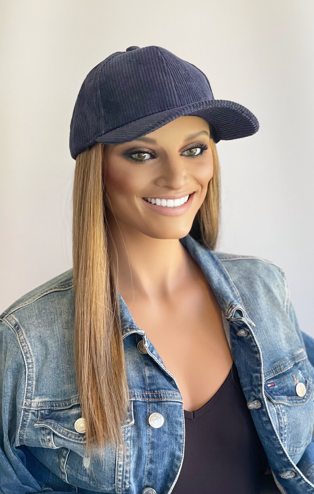 Navy Corduroy Baseball Cap With Long Hair Attached | Hat With Hair ...