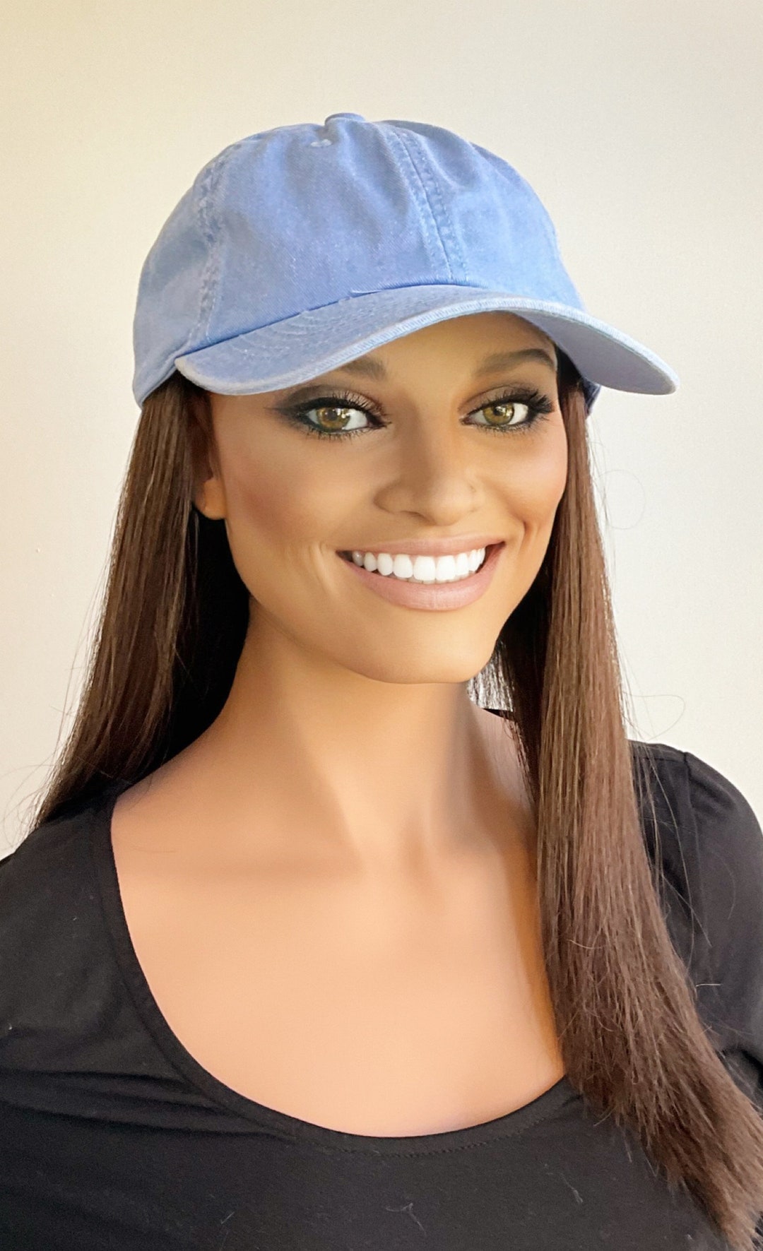Light Blue Baseball Cap With Long Hair Attached | Hat With Hair ...