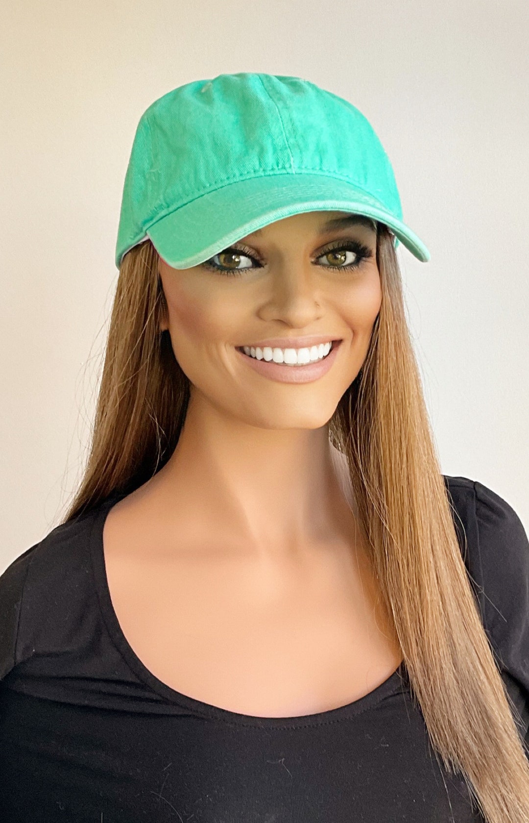 Bright Mint Baseball Cap With Long Hair Attached | Hat With Hair ...